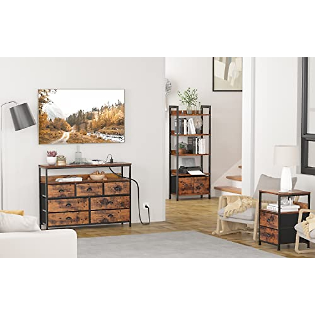 Furologee TV Stand with Power Outlets, Console Sofa Table with 7 Fabric Drawers and Shelves, Entertainment TV Media Center for 45" TV, Wide Storage Drawer Unit for Bedroom, Living Room