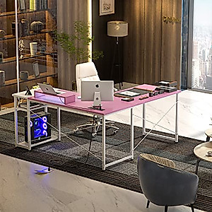 Cyclysio L Shaped Desk with Power Outlets and USB Ports, Reversible L Shaped Gaming Computer Desk with LED Light, 83.5'' Large 2 Person Desk with Monitor Stand, L-Shaped Corner Desk, Pink and White