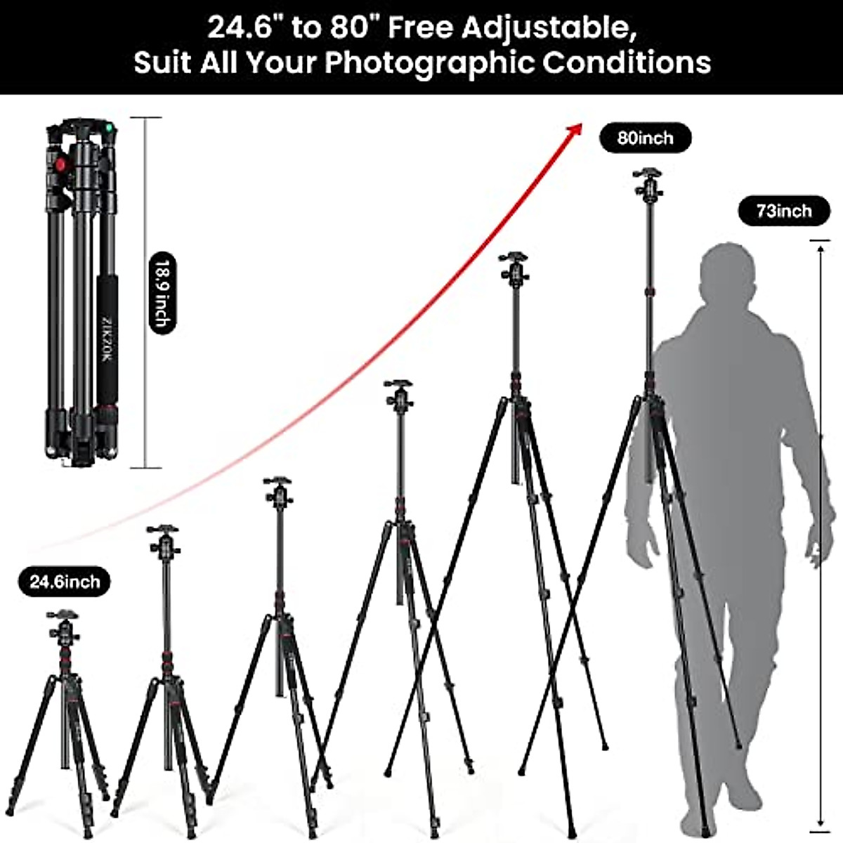 ZIKZOK 80" Camera Tripod,Travel Lightweight Heavy Duty Tripods & Monopods with 360°Ball Head,Phone Holder,33lb Load,Compatible with DSLR Cameras,Smart Phone,Projector,Webcam,Spotting Scopes