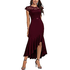 Miusol Women's Retro Floral Lace Ruffle Style Bridesmaid Party Maxi Dress (Medium, Burgundy)