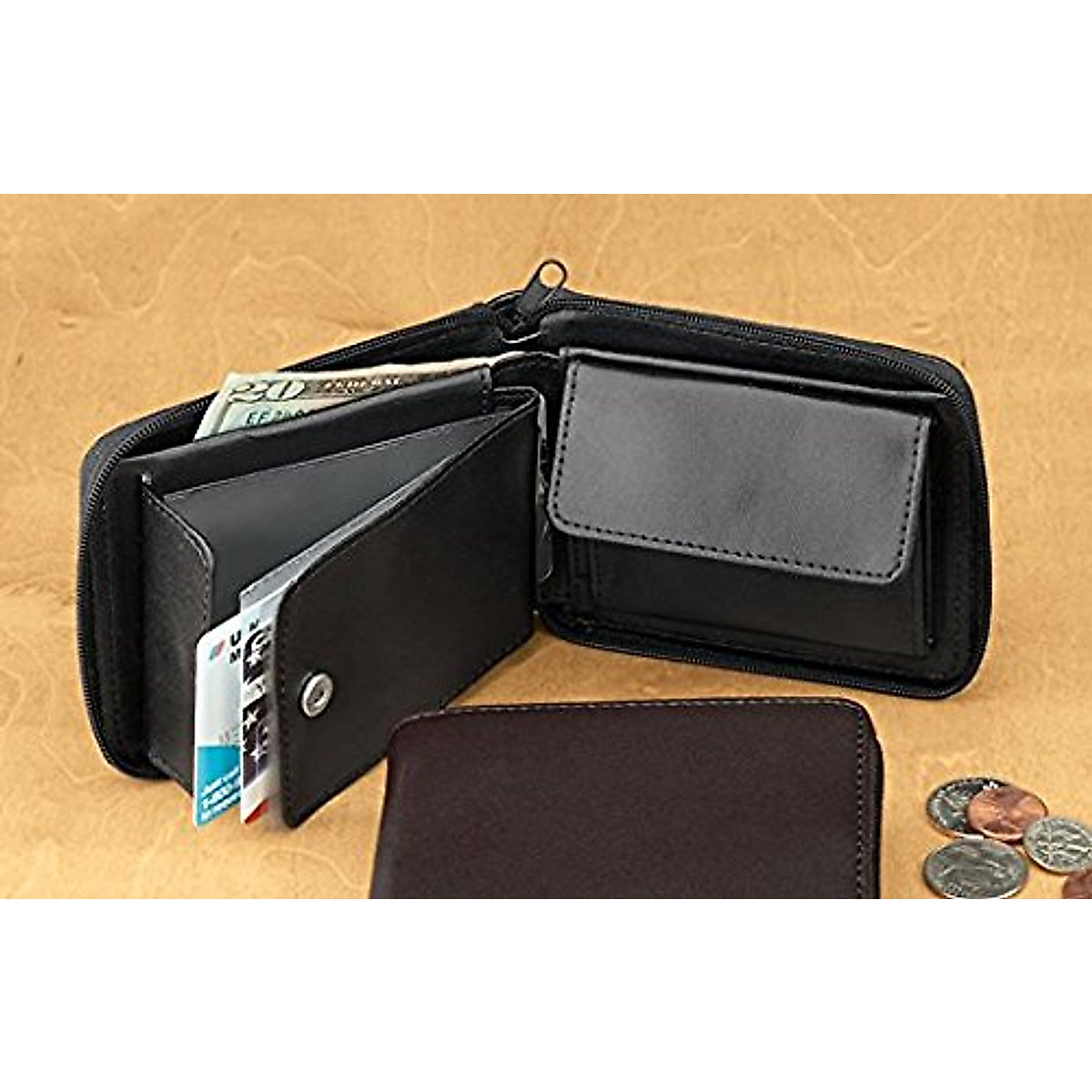 Miles Kimball Genuine Leather Wallet, Zipper Closure - Measures 9 1/2" Long x 3 1/2" Wide Open, Black