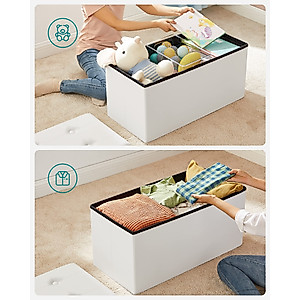 SONGMICS 30 Inches Folding Storage Ottoman Bench, Storage Chest, Footrest, Coffee Table, Padded Seat, Faux Leather, Holds up to 660 lb, White ULSF106