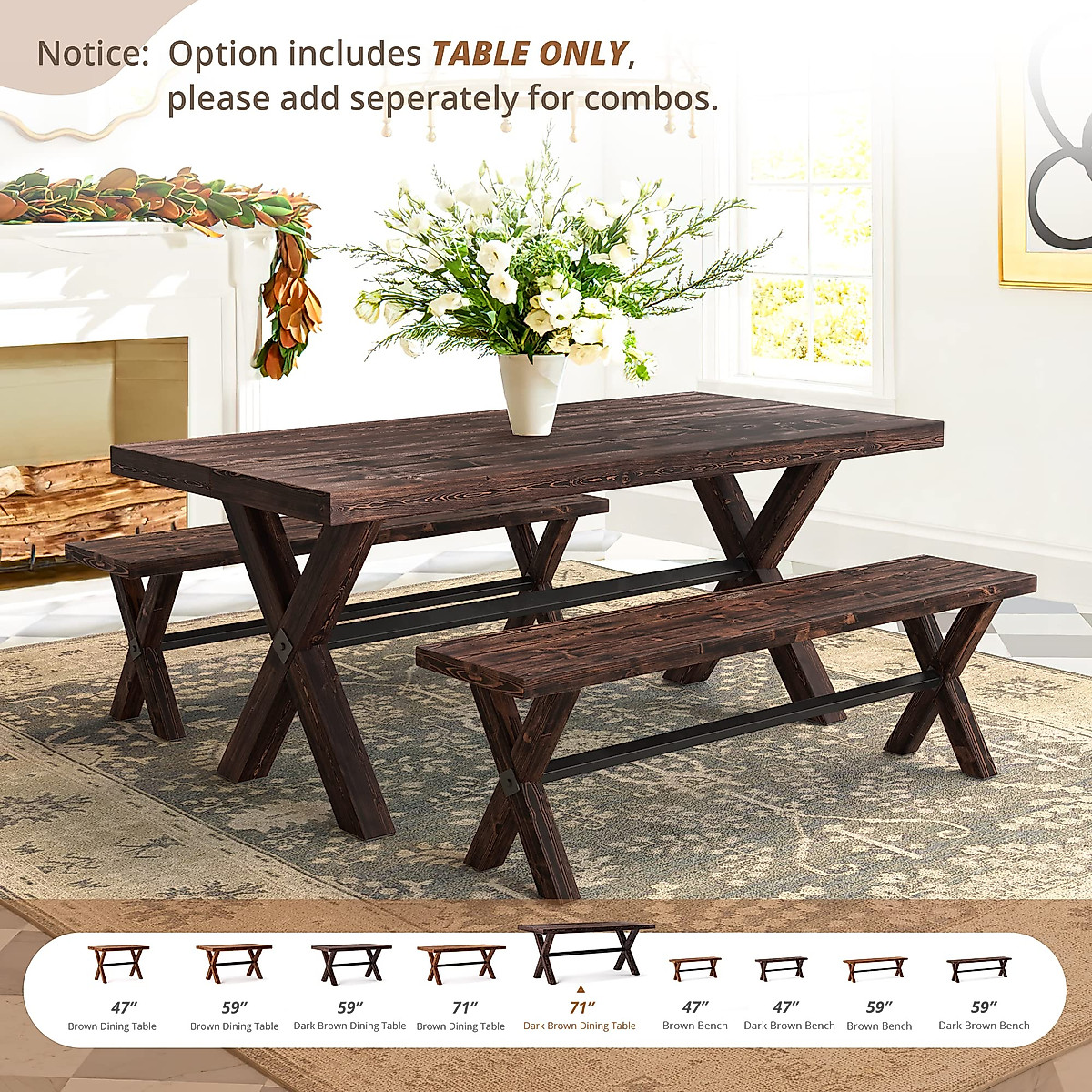 LUE BONA 71" Dining Table for 6-8 Solid Wood Farmhouse Kitchen Table with Natural Wood Grain for Home and Kitchen, Heavy Duty Rectangular Kitchen & Dining Table for Home and Dining Room Dark Brown