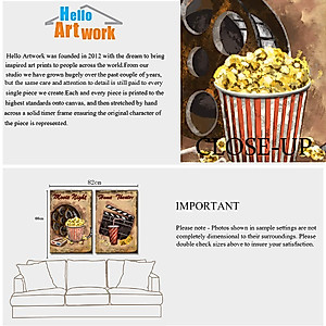 iHAPPYWALL 2 Pieces Old Fashioned Cinema Wall Art Movie Night Film Clapper Popcorn Movie Reel Picture Print on Canvas for Home Theater Room Decor Ready to Hang 16x24inch2pcs