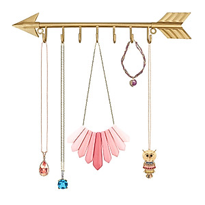 Urban Deco Wall Mounted Gold Arrow Shaped Jewelry Organizer Key Holders– 7 Hooks Metal Necklace Hanging Holder for Girls and Women (Gold)