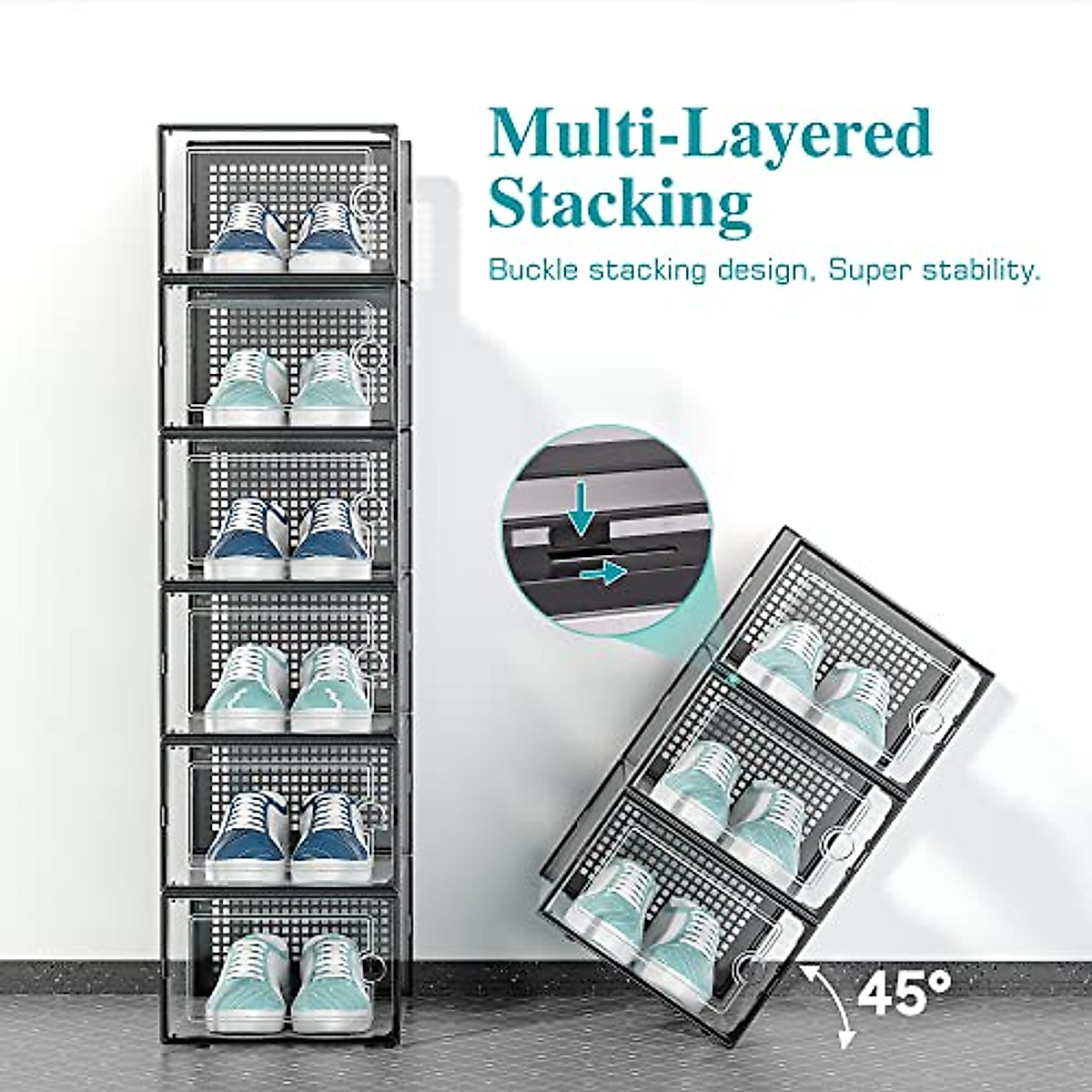 Kuject Black Shoe Organizers Storage Boxes for Closet, 12 Pack Clear Plastic Stackable Sneaker Containers Bins with Lids, Under Bed Shoe Storage for Entryway, Drop Front, Fit up to Women's Size 10