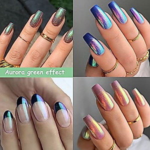 2 Jars Solid Pearl Aurora Nail Powder Nails Glitter Blue Green Unicorn Chrome Pigment Mermaid Neon Laser Ice Powder Holographic Magic Manicure Fairy Dust Nail Art Decoration with 2 Eyeshadow Sticks