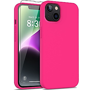 DEENAKIN Compatible with iPhone 14 Case with Screen Protector,Soft Flexible Silicone Rubber Cover for Women Girls for Women Girls,Slim Fit Shockproof Protective Phone Case 6.1" Hot Pink