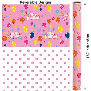 AUCLAY Reversible Birthday Wrapping Paper for Girls Kids Baby Shower - Cute Happy Birthday Lettering Balloon in Pink and Polka Dots Design - Gift Wrap Paper Roll, 17.7 Inch Wide