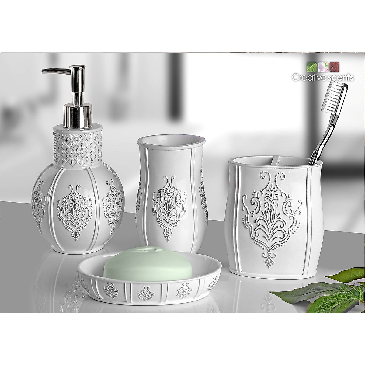 Creative Scents Bathroom Accessories Set - 4 Piece Vintage White Bathroom Set - Farmhouse French Country Bathroom Accessory Set Features: Soap Dispenser, Toothbrush Holder, Tumbler & Soap Dish