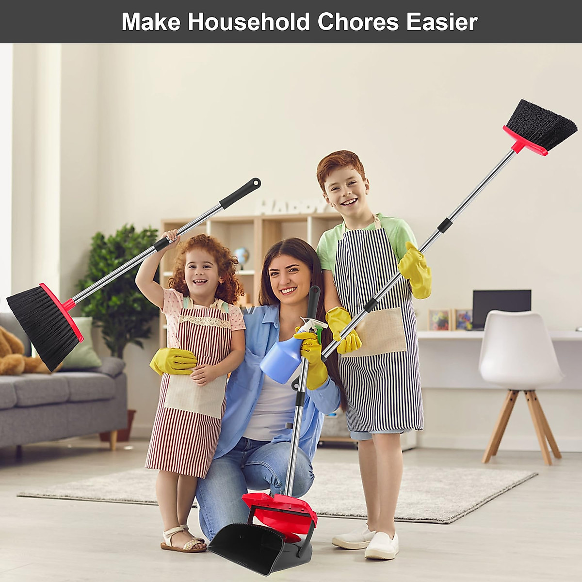 Broom with Dustpan Combo Set,UDUK 51'' Long Handle Broom with Standing Dustpan for Home, Heavy Duty Broom and Dustpan Set with Lid and Cleaning Teeth, Ideal for Pet Store Kitchen Indoor Outdoor (Red)