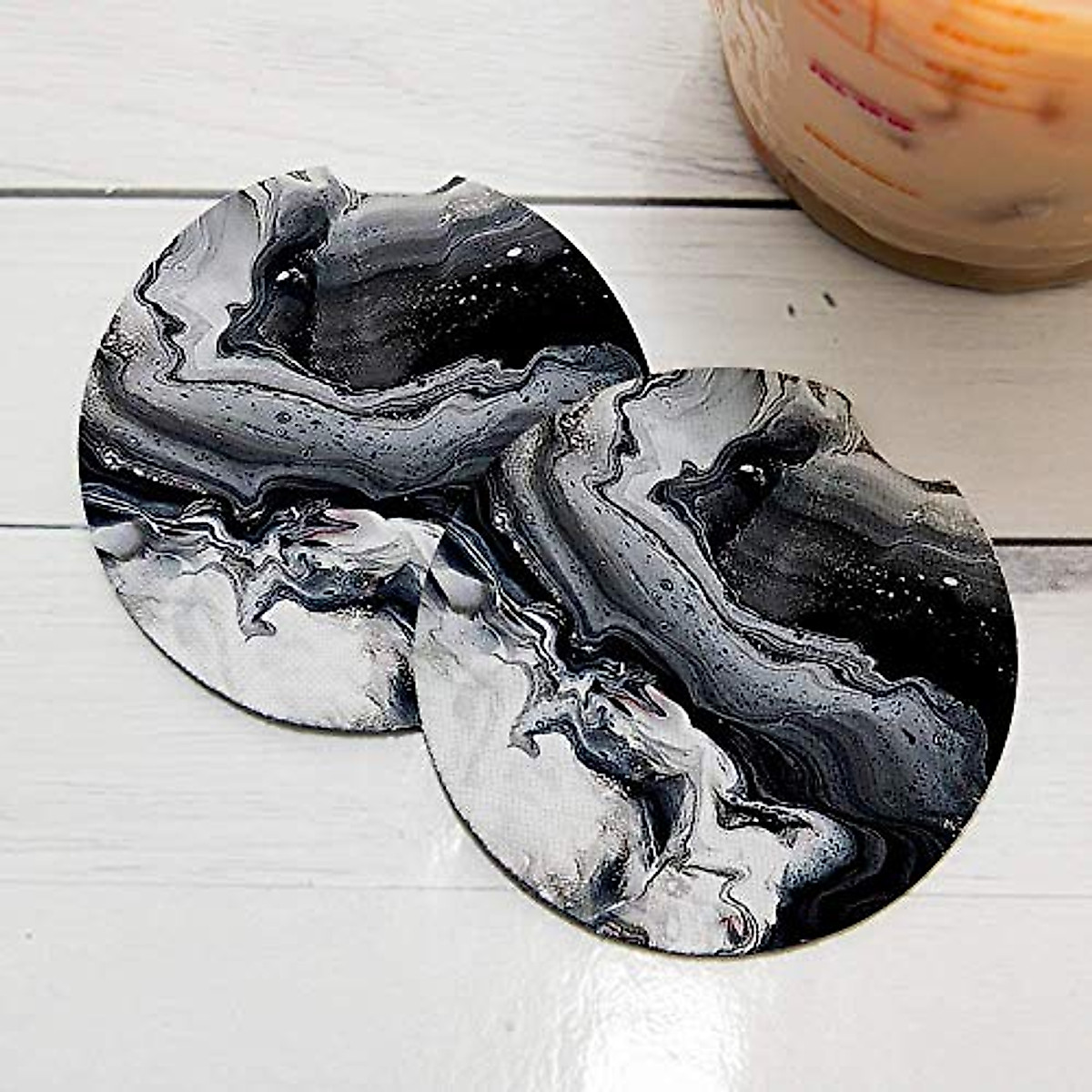 Black Marble | Car Coasters for Drinks Set of 2 | Perfect Car Accessories with Absorbent Coasters. Car Coaster Measures 2.56 inches with Rubber Backing.