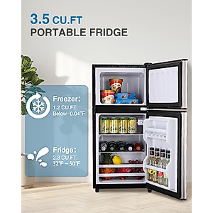 Kazigak 3.5 Cu.Ft Mini Fridge with Freezer, Double Door, Small Refrigerator,7-Level Adjustable Thermostat, Quiet Mini Fridge for Bedroom, Dorm, Office, Apartment Silver