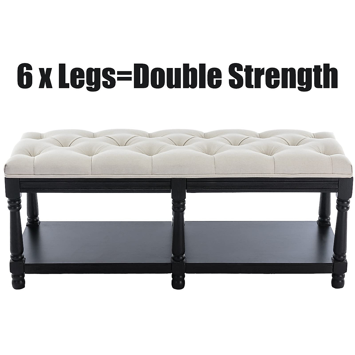 Guyou Farmhouse Storage Bench End of Bed Bench for Bedroom with Shelf 6 Foot, Fabric Upholstered Bench French Country Tufted Bench for Living Room Mudroom Black Washed Wood (Cream, 45”Lx19”Hx15.8”W)