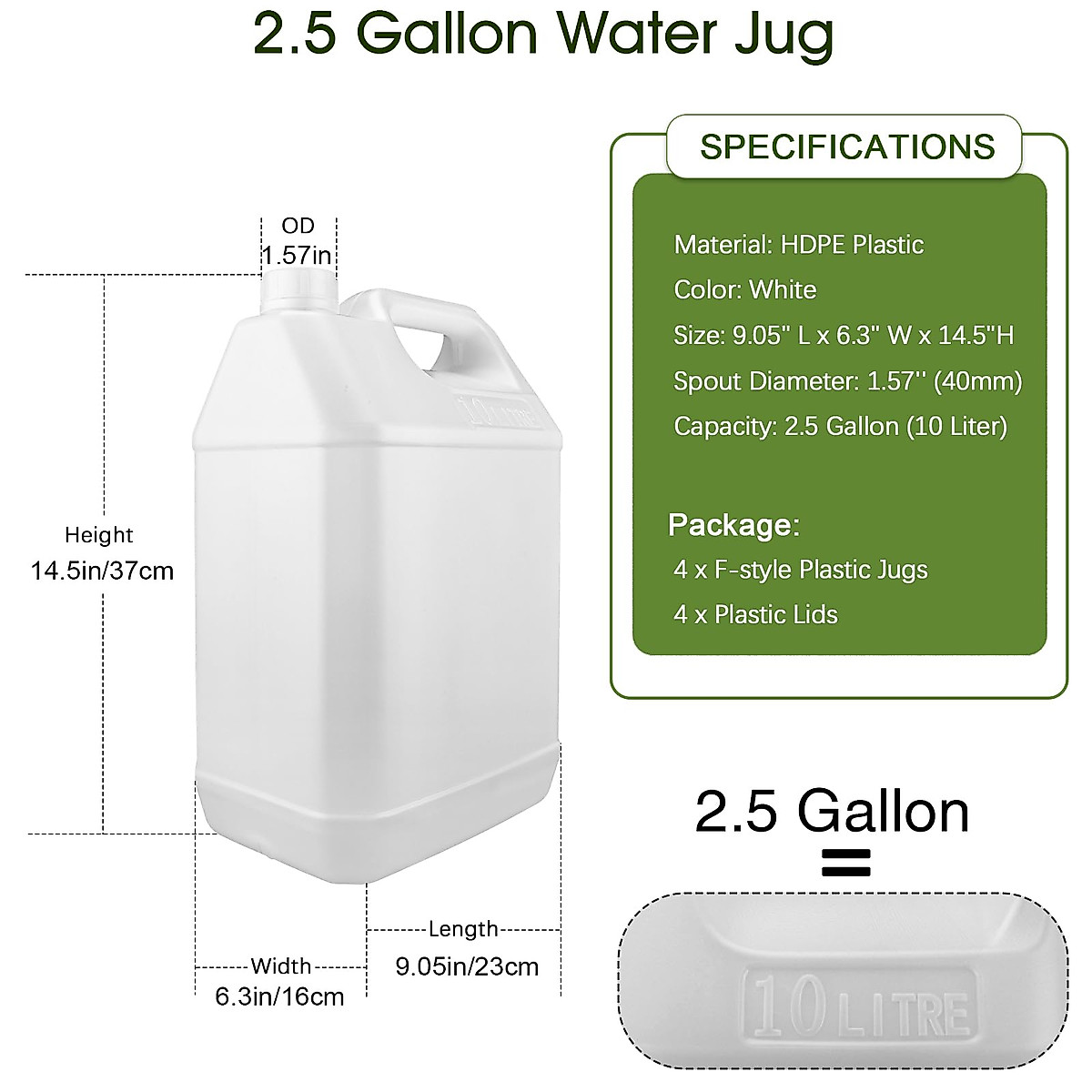 2.5 Gallon Water Jug, F-Style Plastic Jug, Water Storage Containers, Hdpe Containers with Leakproof Cap (4 Pack)