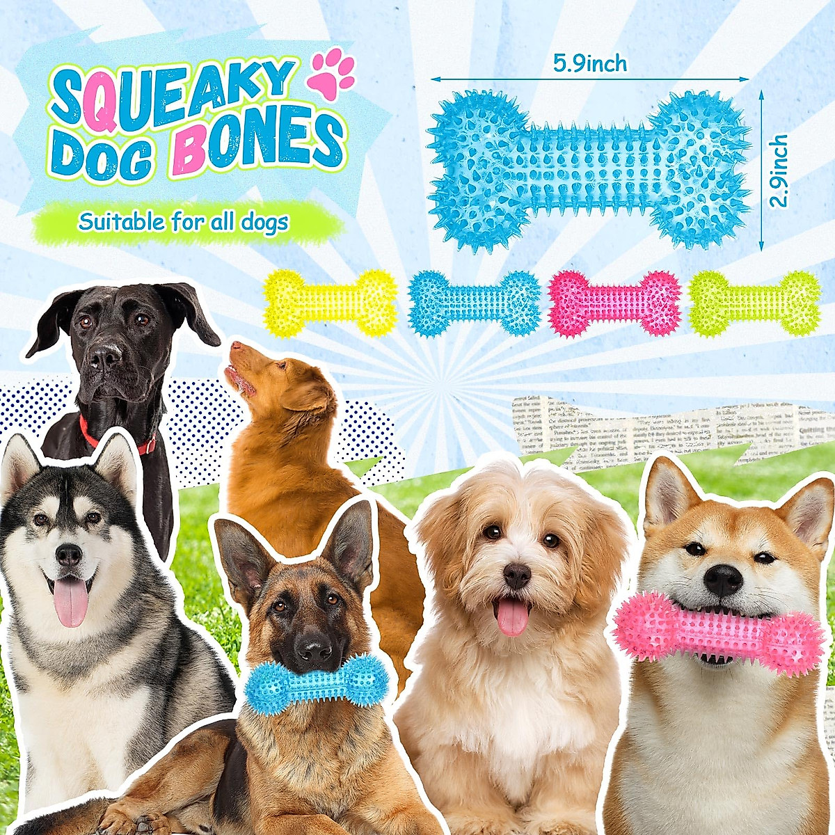 VercanMonth 12 Pack Squeaky Dog Toy 6'' Bone Chew Toy Rubber Bone Toy Dogs Spiky Dog Toy for Medium and Large Dogs Teeth Cleaning and Training Aggressive Chewers, 4 Colors