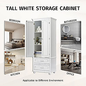 Tall Storage Cabinet with 2 Drawers and Double Door for Bathroom/Office, White Freestanding Kitchen Pantry Cabinet, Bathroom Cupboard w/Adjustable Shelf, Floor Cabinet Bookcase with Door (White-ty1)