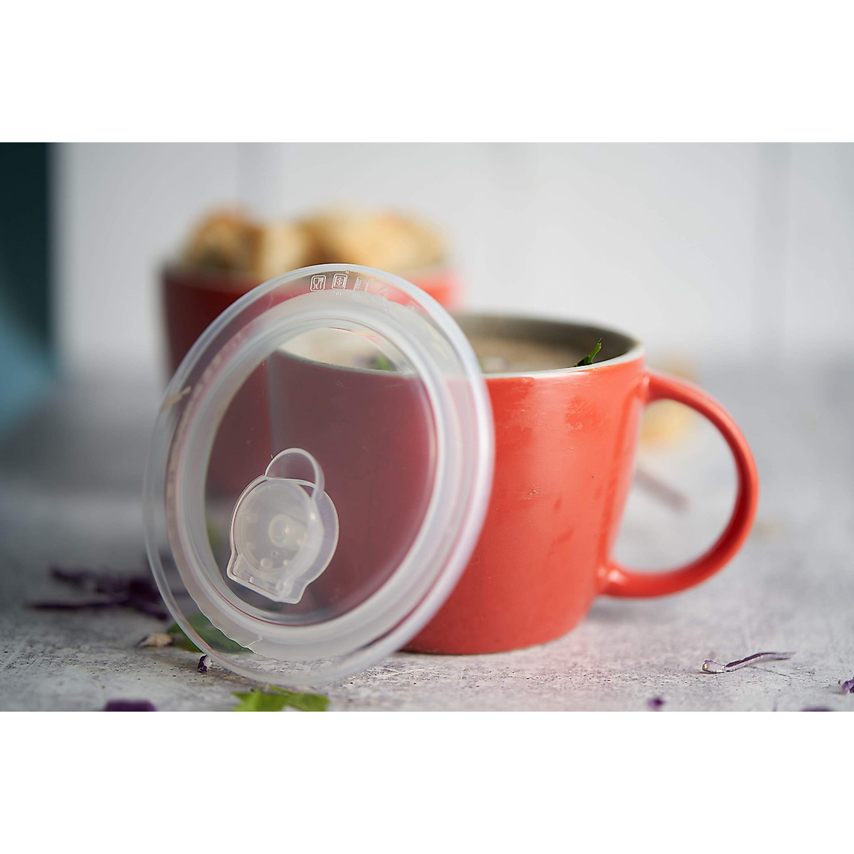 KooK Soup Mugs, Soup Cups with Lid, Microwavable Soup Bowl with Handles, Ceramic with Plastic Lid, for Overnight Oats, Travel Cups, Oversized Coffee Mug, Cereal, 25 Oz, Set of 2, Cherry/Grey