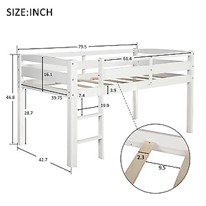 Bellemve Low Loft Bed Twin Size Wooden Loft Bed Frame with Ladder for Kids Girls Boys Teens, White