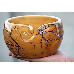 Lichtenberg Figure Yarn Bowl - Handmade Wooden Yarn Bowl for Knitting Yarn Ball Holder - Yarn Bowls with Holes Crochet Bowl Holder - Yarn Storage Bowl 7" x 4" inches (Purple-B)