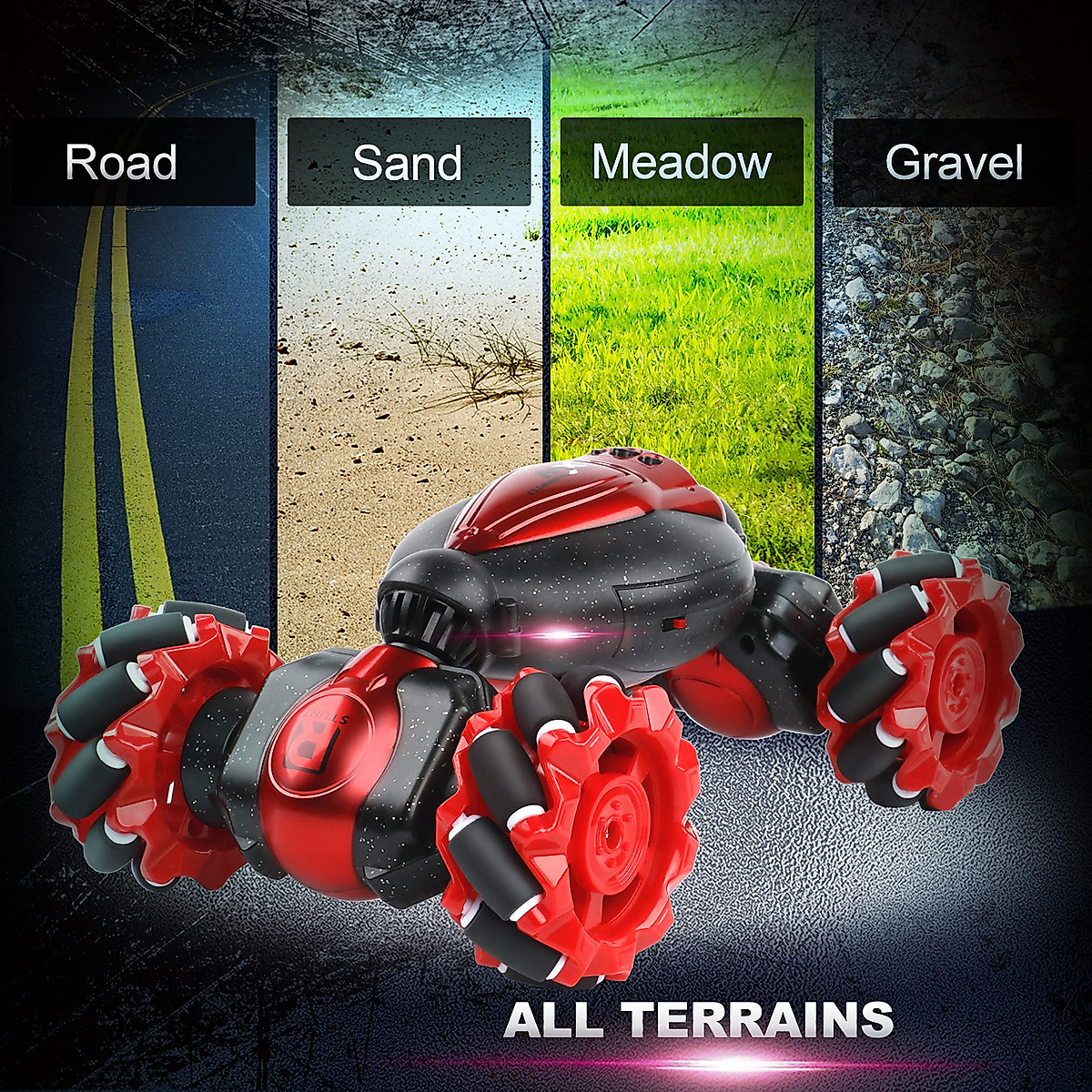 BIRANCO. RC Stunt Car Gesture Sensing - Christmas Red, 2.4GHz 4WD Hand Controlled Double Sided Remote Control Car with Music & Lights, Kids Toy, Gift Ideas for Boys Age 5-12 Years Old