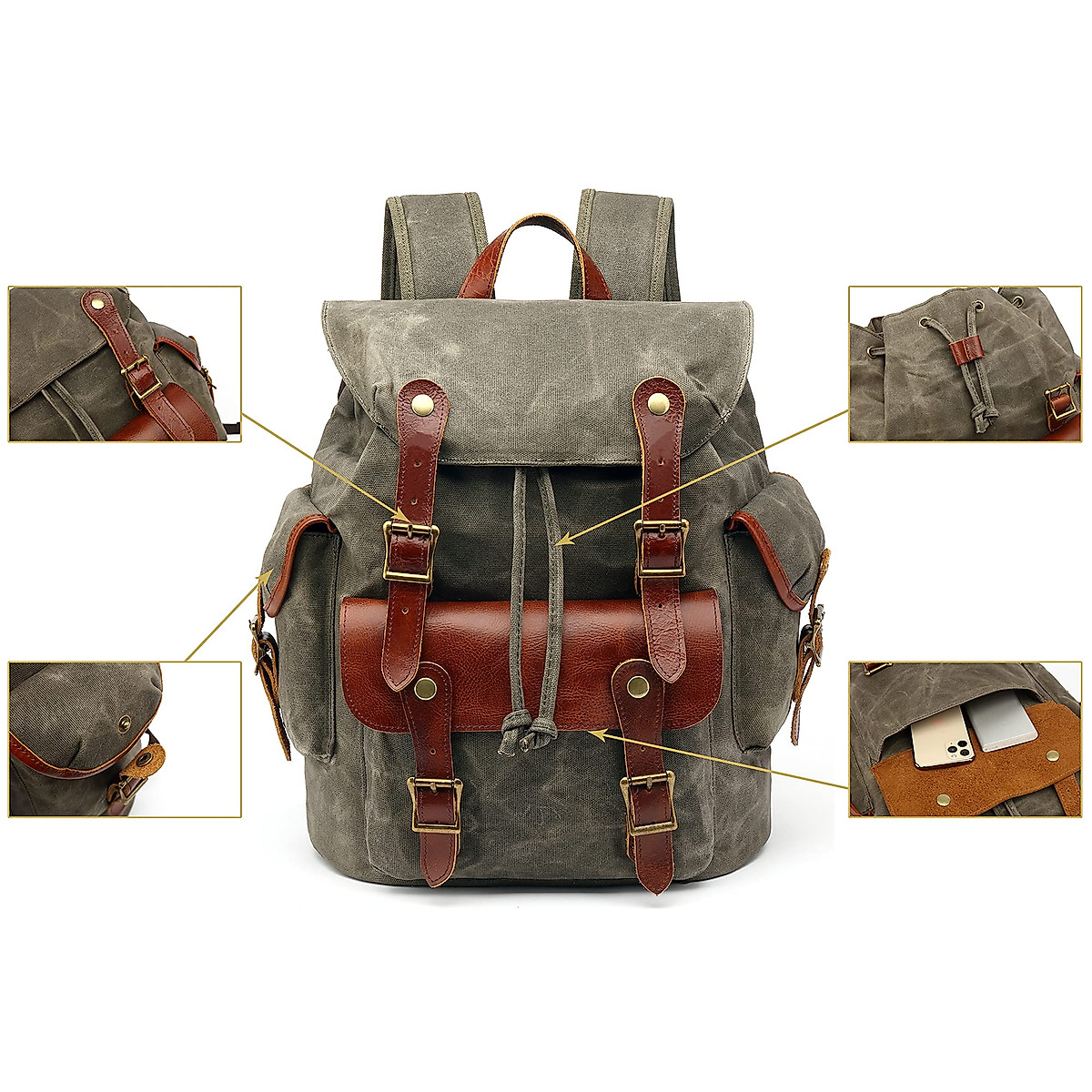 Waxed Canvas Leather Backpack for Men, Military Tactical Shoulder Rucksack for Travel Bag (M85_Khaki)