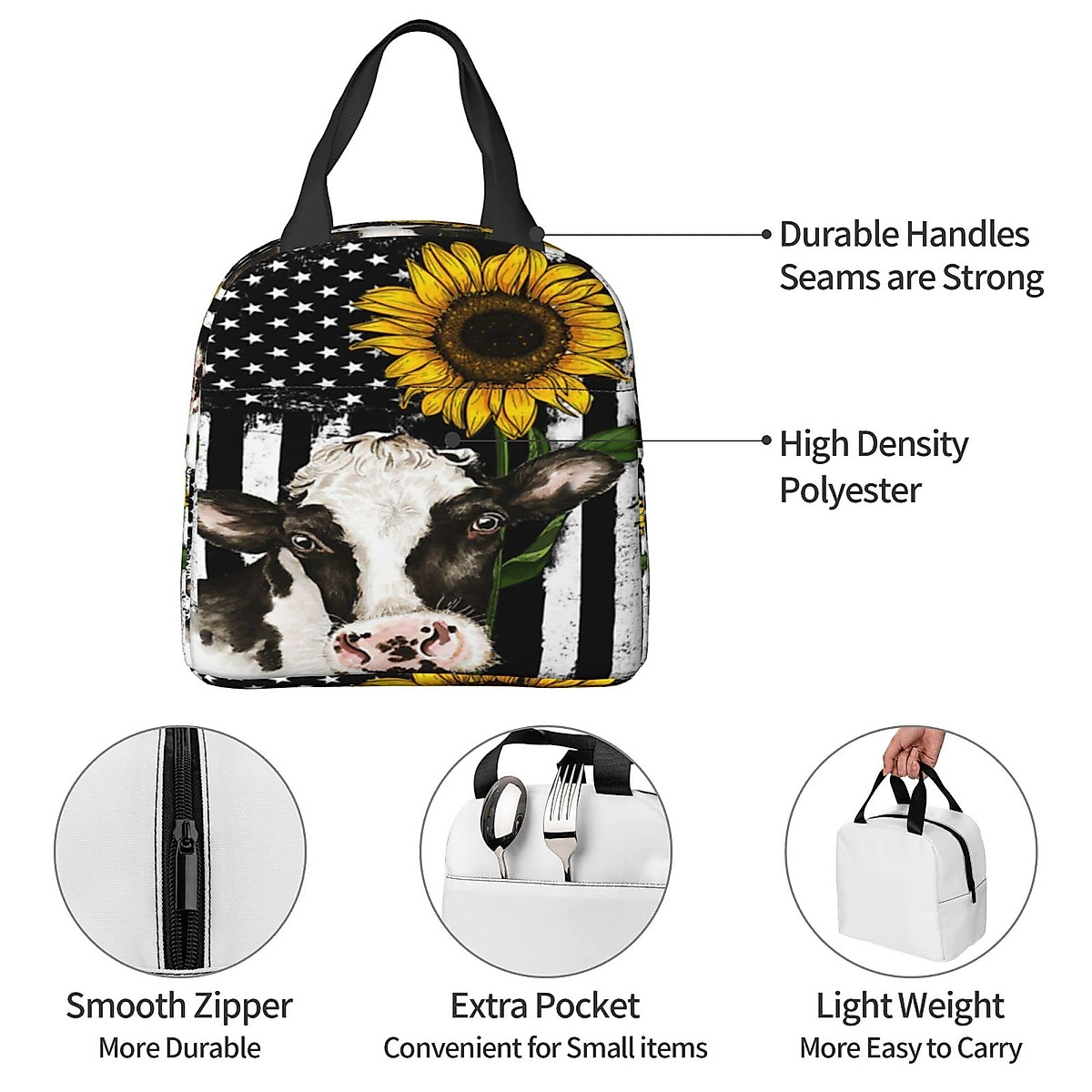 HUZEIMINniu American Flag Lunch Bag Sunflower Cow Lunch Bag Tote Bag Portable Insulated Reusable Lunch Box For Office Work Camping Travel Picnic Beach Fishing For Adult