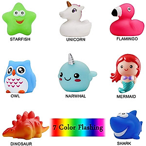 Jomyfant Bath Toys (8 Packs Rubber Animals Toys) Light Up Floating Rubber Toys Flashing Color Changing Light in Water Bathtub Shower Games Toys for Baby Kids Toddler Child
