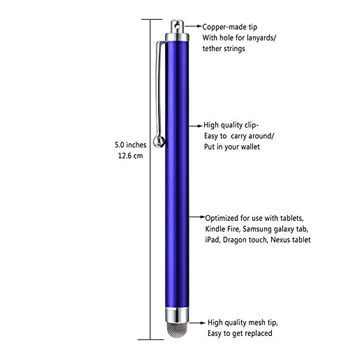 CCIVV Stylus, 4 Pcs 5.0 Inches Hybrid Mesh Fiber Tip Stylus Pens for Touch Screen, Compatible with iPad, iPhone, Kindle Fire + 4 Extra Replaceable Hybrid Fiber Tips (White, Black, Silver, Blue)