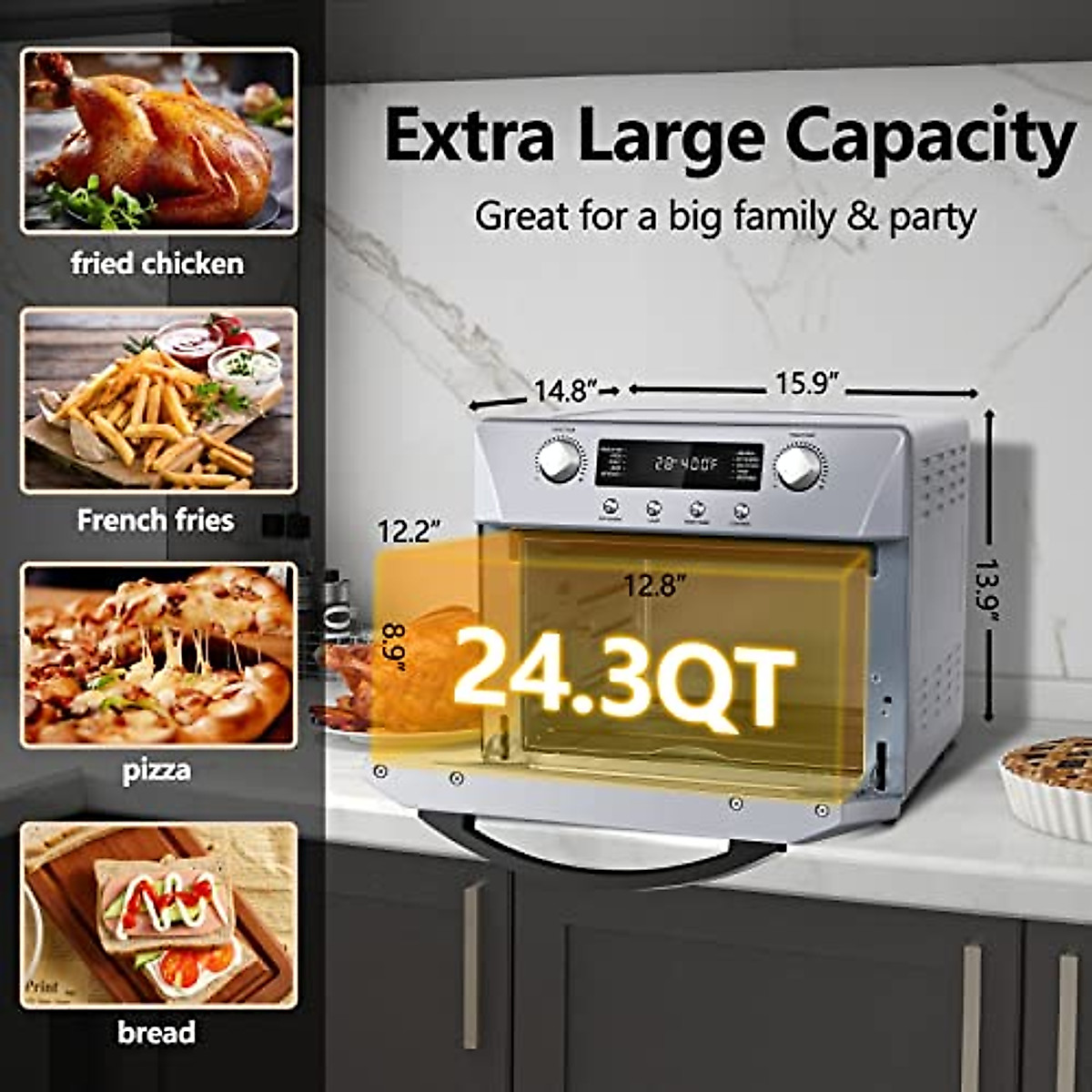 CUSIMAX Air Fryer Oven, 10-in-1 Convection Oven, 24QT Air Fryer Combo, Countertop Air Fryer Toaster Oven with Rotisserie & Dehydrator, Rich Accessories, Silver