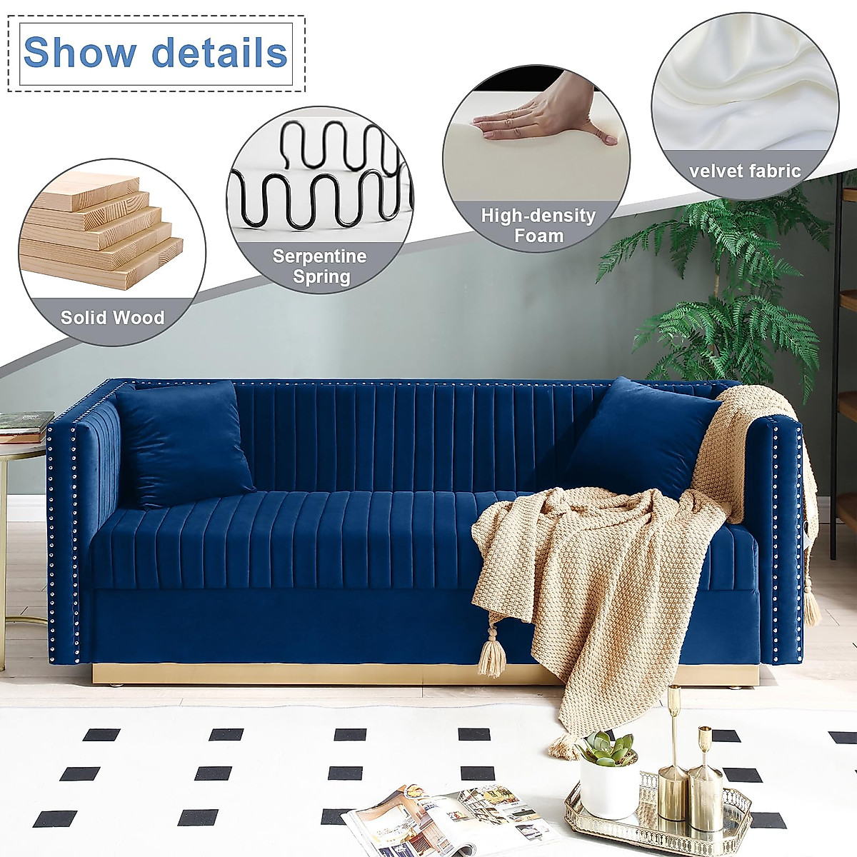 Vanress 78" Velvet Upholstered Sofa,Modern Tufted Couch 3 Seater,Square Arm, with Nailhead Trim and 2 Pillows for Living Room, Office (Blue)