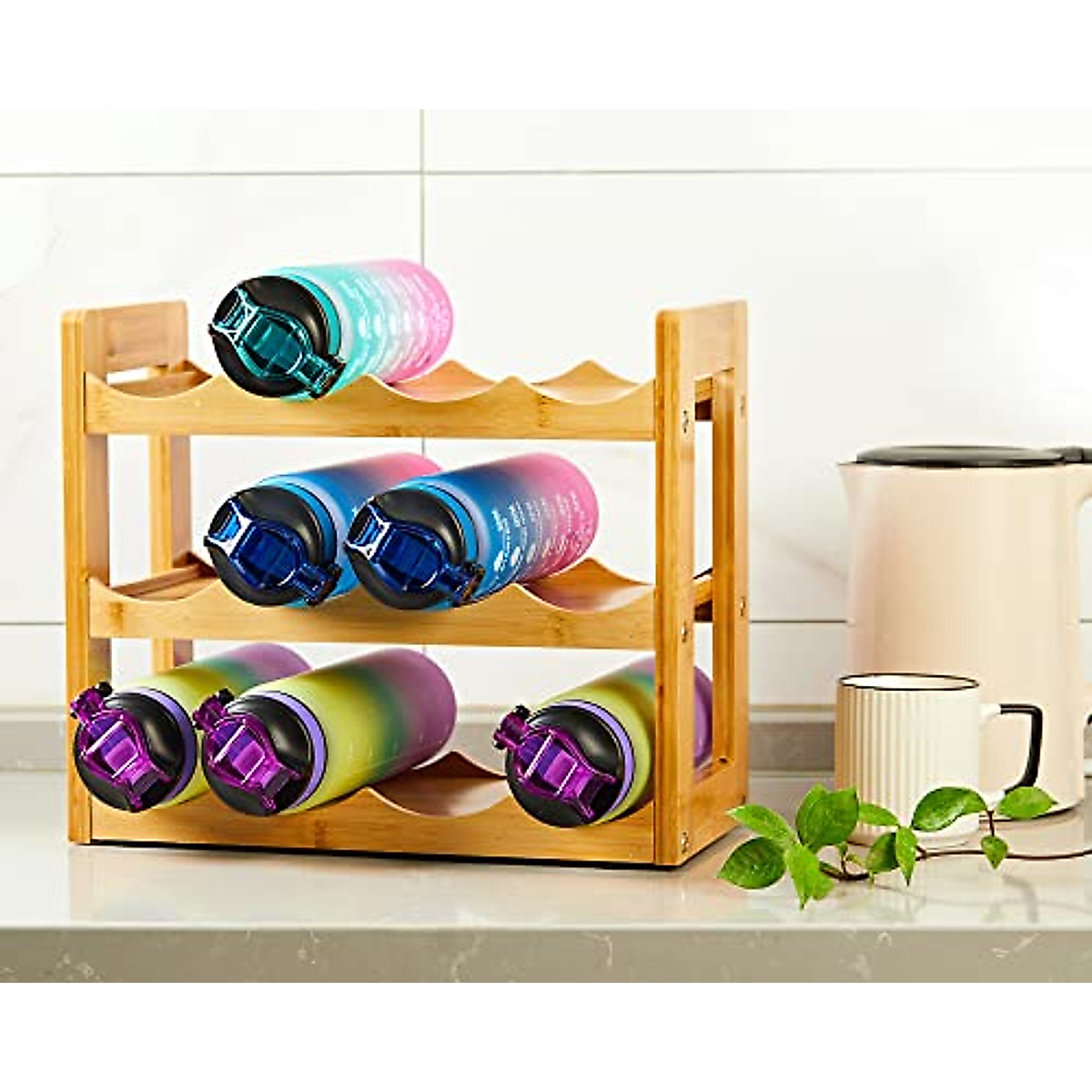 Sushineibor Bamboo Water Bottle Holder Stand Bin, Water Bottle Storage Rack, 3-Tier Water Bottle Organizer for Office Home Su-bottle-rack bottlerack