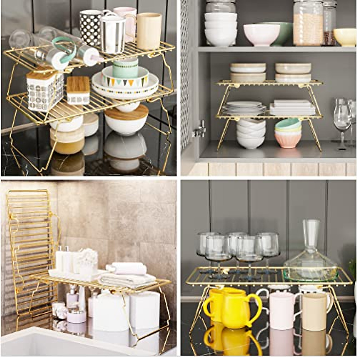 BENOLDY Rustproof Foldable Gold Metal Wire Kitchen Cabinet Storage Rack - Stackable Shelf Organizer for Plates, Dishes, Counters & Pantry Organization
