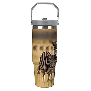 BWQJKUO Large Capacity Car Cup 30 Oz Stainless Steel Zebras in The Grass of The Savanna Printed Travel Mug Leak-proof Flip Straw Tumbler with Handle,keeps Cold Or Ho