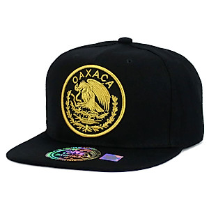 Mexican Hat Mexico State Federal Logo Embroidered Snapback Flat Bill Baseball Cap (Oaxaca- Black/Gold)