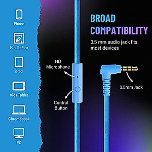 rockpapa Grade On-Ear Kids Headphones with Microphone, Lightweight Foldable Stereo Bass Headphones with 1.5M No-Tangle Cord, Portable Wired Headphones for Laptop Computer Tablet Smartphone Blue