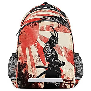 Japanese Samurai Backpack for Women Men Sun Pattern Laptop iPad Tablet Backpack Stylish Casual Daypack with Chest Strap Travel Hiking Camping Sports Daypack with Reflective Strip