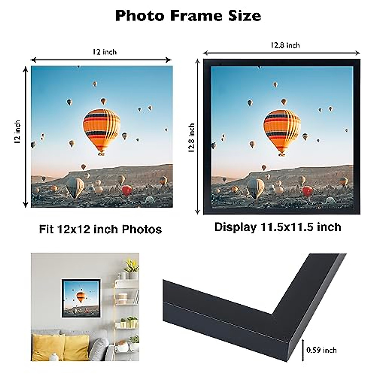 JCJMY 12x12 inch Picture Frame, Horizontal and Vertical Formats for Wall Hanging, 12 x 12 Square Wall Gallery Poster Photo Frame with Durable Shatter Resistant Plexiglass, Black