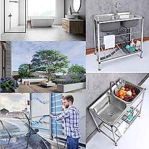 Outdoor Kitchen Sink Station,Stainless Steel Utility Sink,Portable Hand Washing Sink,Double Bowl Freestanding Commercial Laundry Sink with Faucet,for Restaurant,Bar,Camping,Garage,Workshop,Indoor ( Si