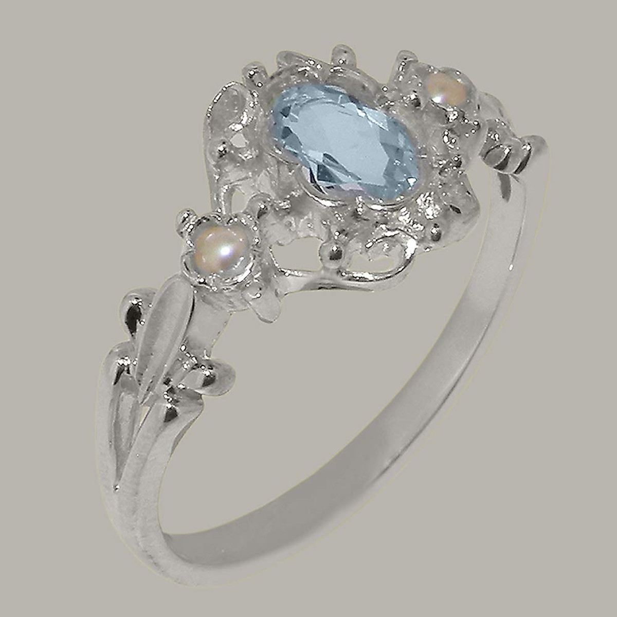 925 Sterling Silver Natural Aquamarine & Cultured Pearl Womens Statement Ring - Size 9.25