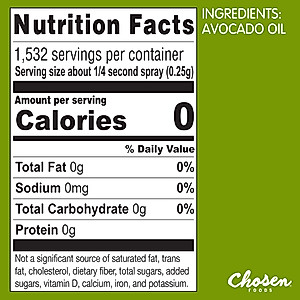 Chosen Foods 100% Pure Avocado Oil Spray, Keto and Paleo Diet Friendly, Kosher Cooking Spray for Baking, High-Heat Cooking and Frying (13.5 oz, 2 Pack)