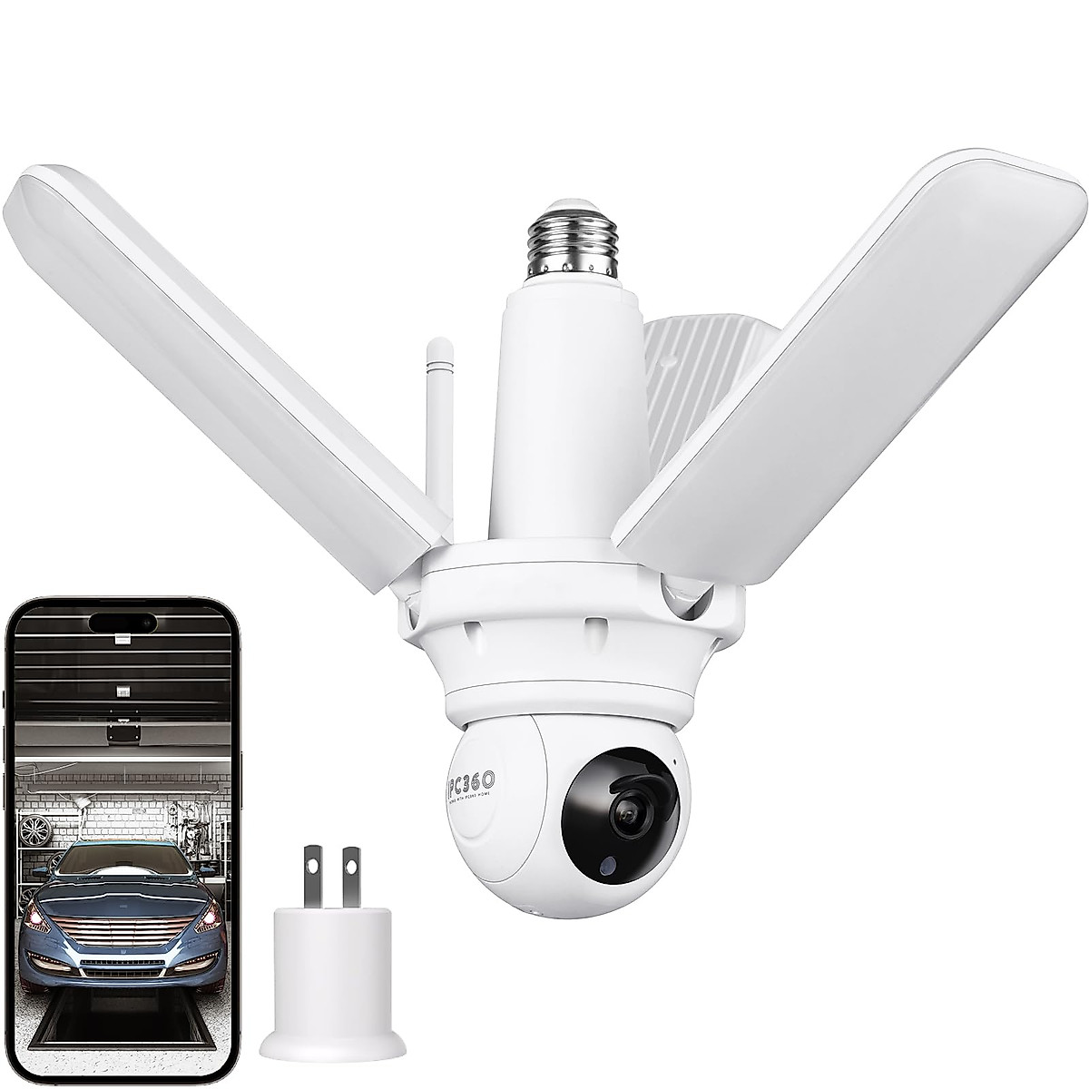 OHBET LED Garage Light Bulb with Camera, 2 in 1 Floodlight Security Camera with 3 Adjustable Panels Smart AI Human Detection Screw-in E26 Base Motion Sensor Two-Way Audio Color Night Vision