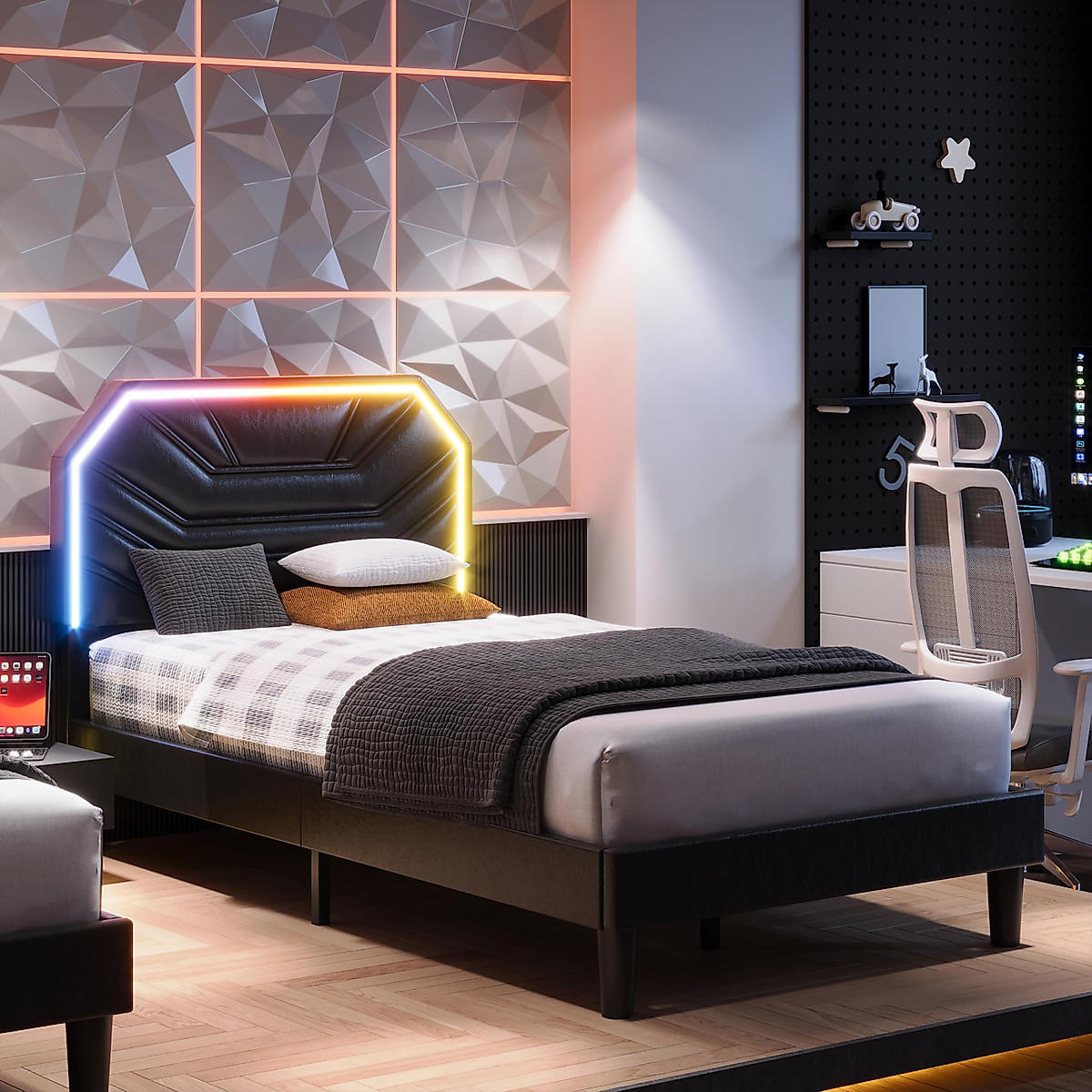 LIKIMIO Twin Bed Frames with Lighted Headboard, Upholstered Modern Cama Twin Platform Bed with Heavy Duty Supports, No Box Spring Need, Noise Free, Easy Assembly, Black