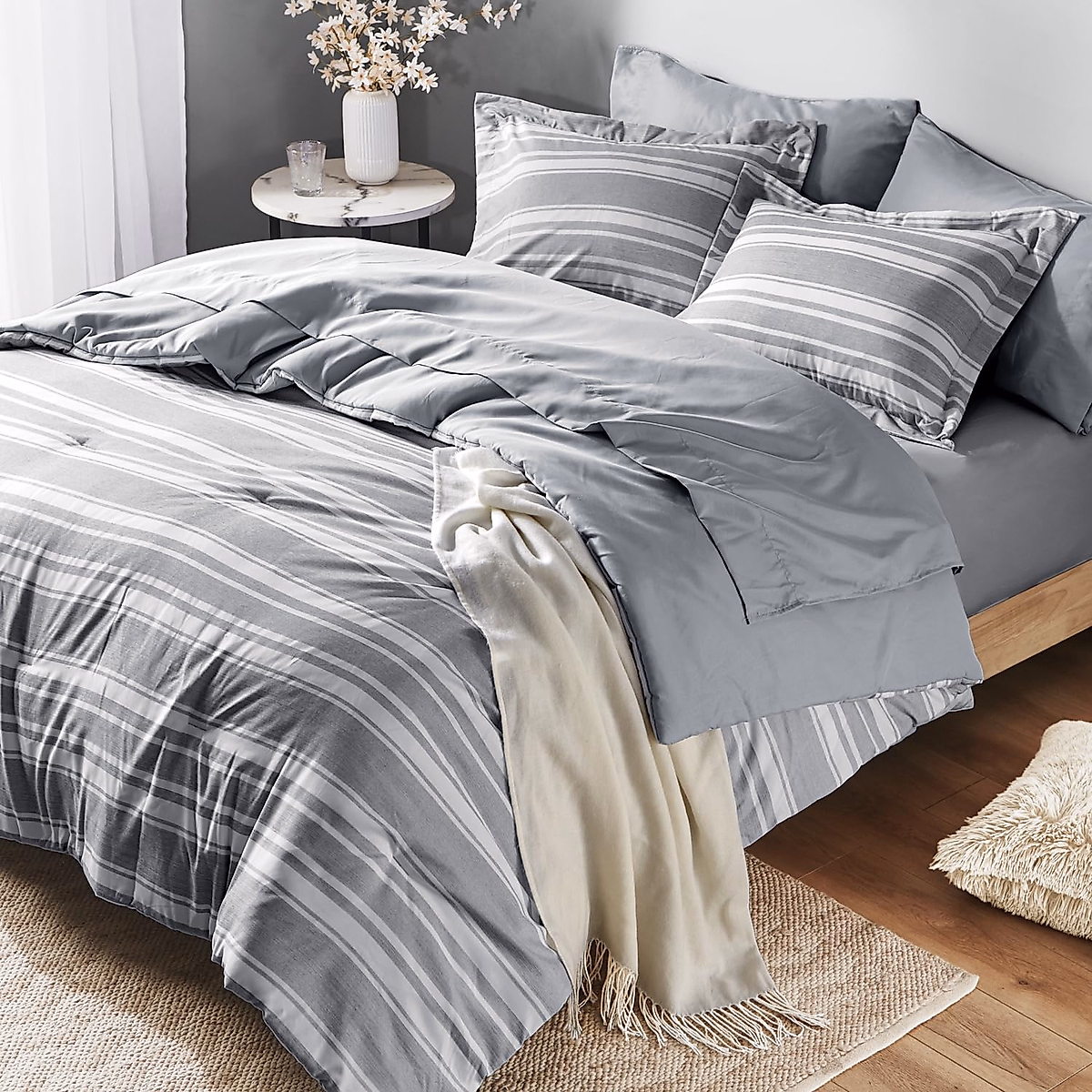Queen Size Bed in a Bag, Full Bedding Sets, Modern Farmhouse Grey and White Striped Comforter with Sheets, 7-Piece Complete Bedroom Set