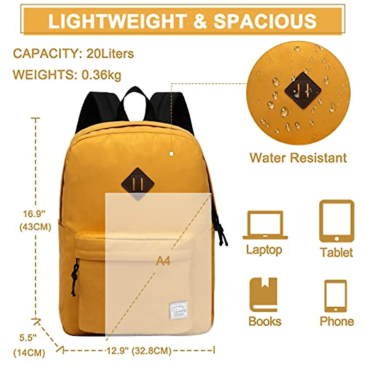 VASCHY Lightweight Backpack for School, Classic Basic Water Resistant Casual Day-pack for Travel with Bottle Side Pockets (Gold)