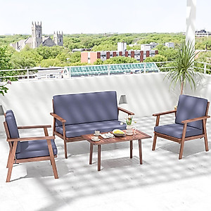 Tangkula 4 Piece Outdoor Conversation Set, Acacia Wood Sofa Set with Soft Seat & Back Cushions, Rectangle Coffee Table Patio Wood Furniture Set for Backyard, Poolside, Garden (1, Gray)