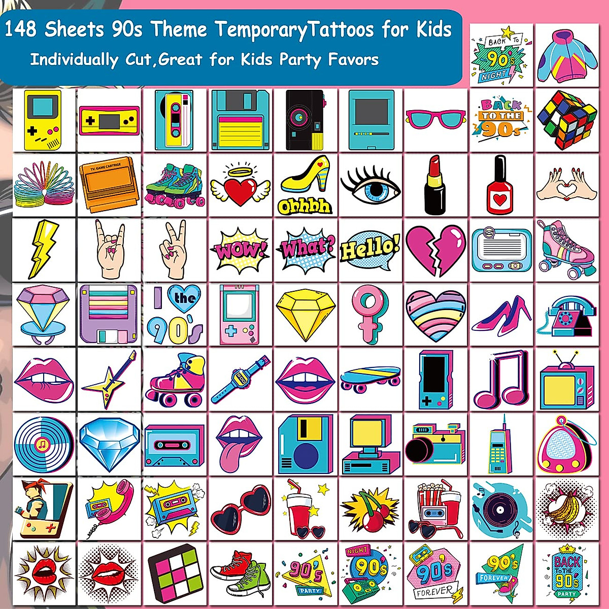 CHARLENT 148 PCS 90s 80s Theme Temporary Tattoos for Kids - Retro Individual Tattoos for Boys Girls 90s Birthday Party Favors Goodie Bag Fillers