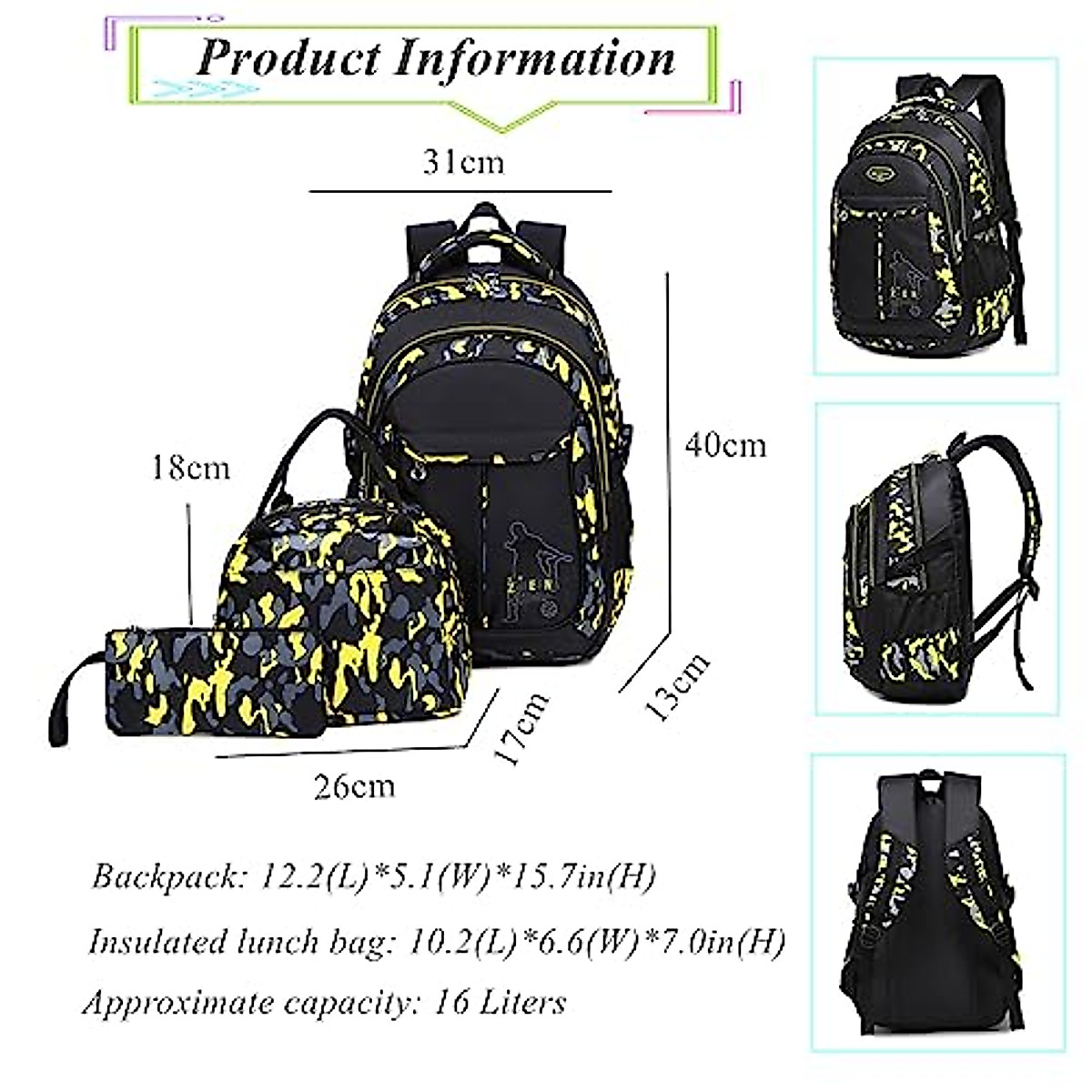 Camo-Print Primary School Backpack and Lunch-Bag Set for Boys Camouflage Elementary Bookbag Rucksack Waterproof