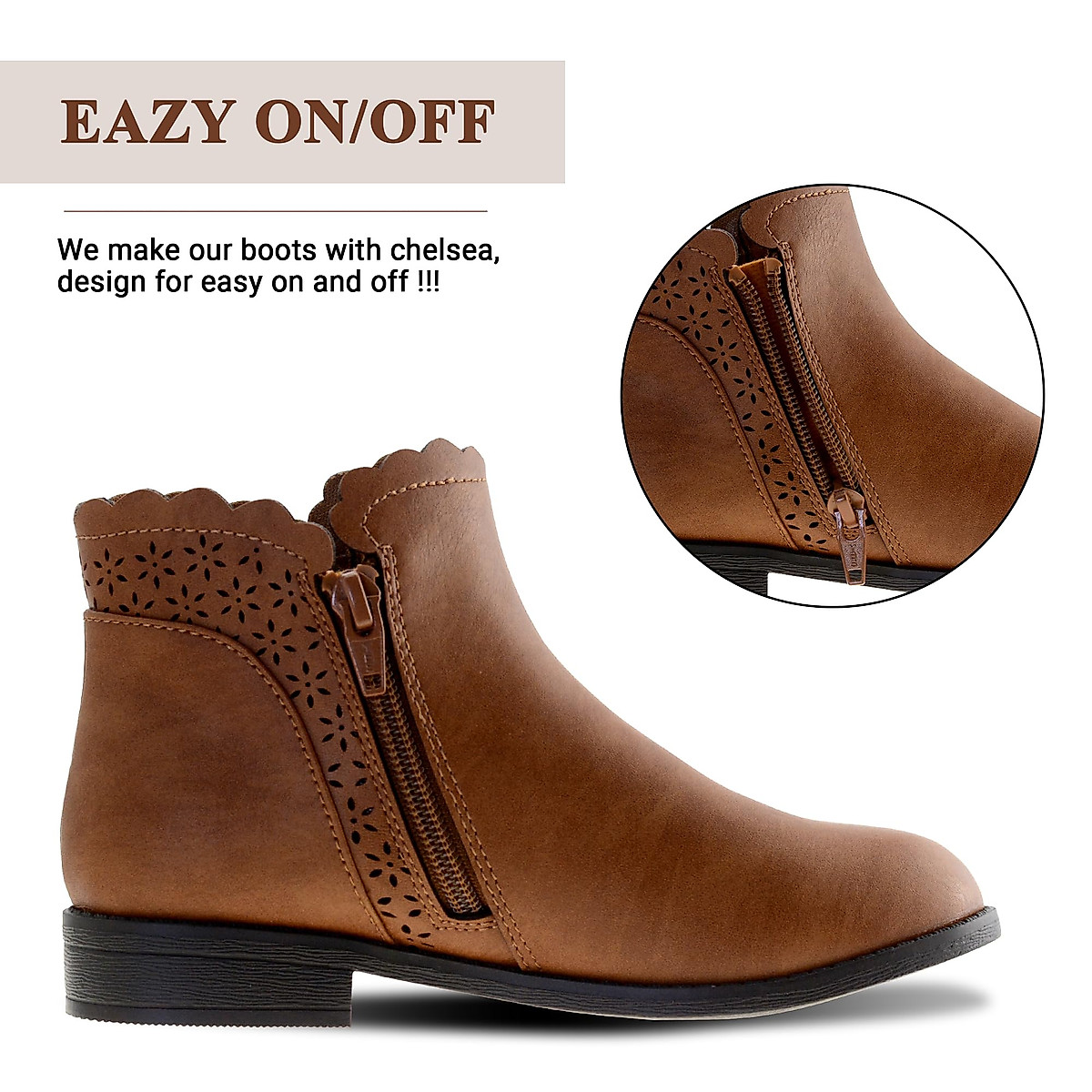 LseLom Girls Ankle Boots Kids Ankle Booties Bow Side Zipper Low Heel Outdoor Warm Shoes for Little Kids/Big Kids PU Brown Size 12