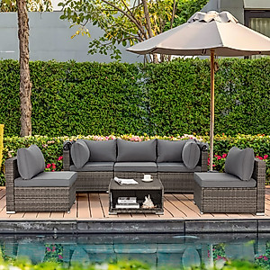 HOMREST 6 Pieces Patio Furniture Sets, Rattan Daybed with Retractable Canopy, Outdoor Sectional Sofa Set with Adjustable Backrest, Chaise Chair Sunbed for Garden Poolside Backyard（Grey）